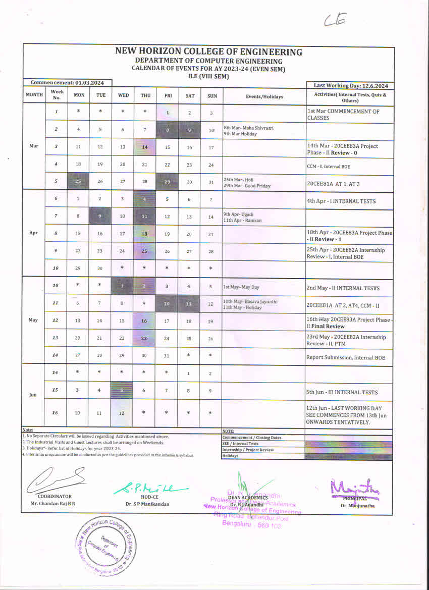 Calender-of-Events : NHCE | B Tech Computer Engineering Colleges